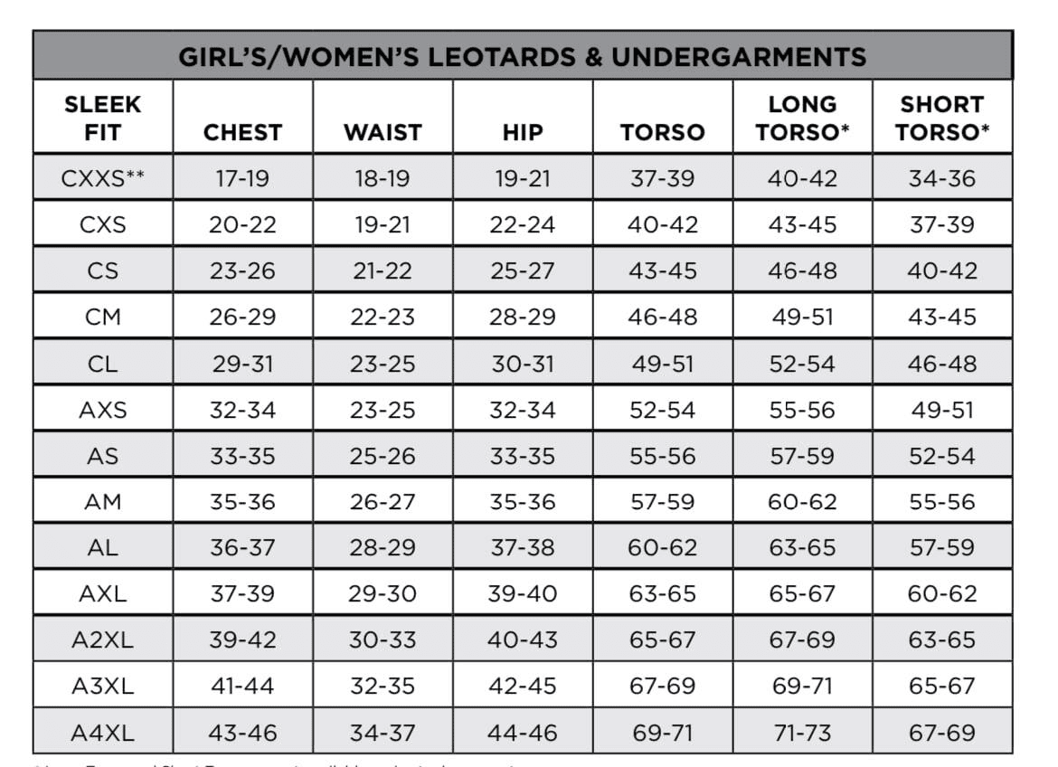Leotard Sizing Charts | Northwest Gymnastics CT